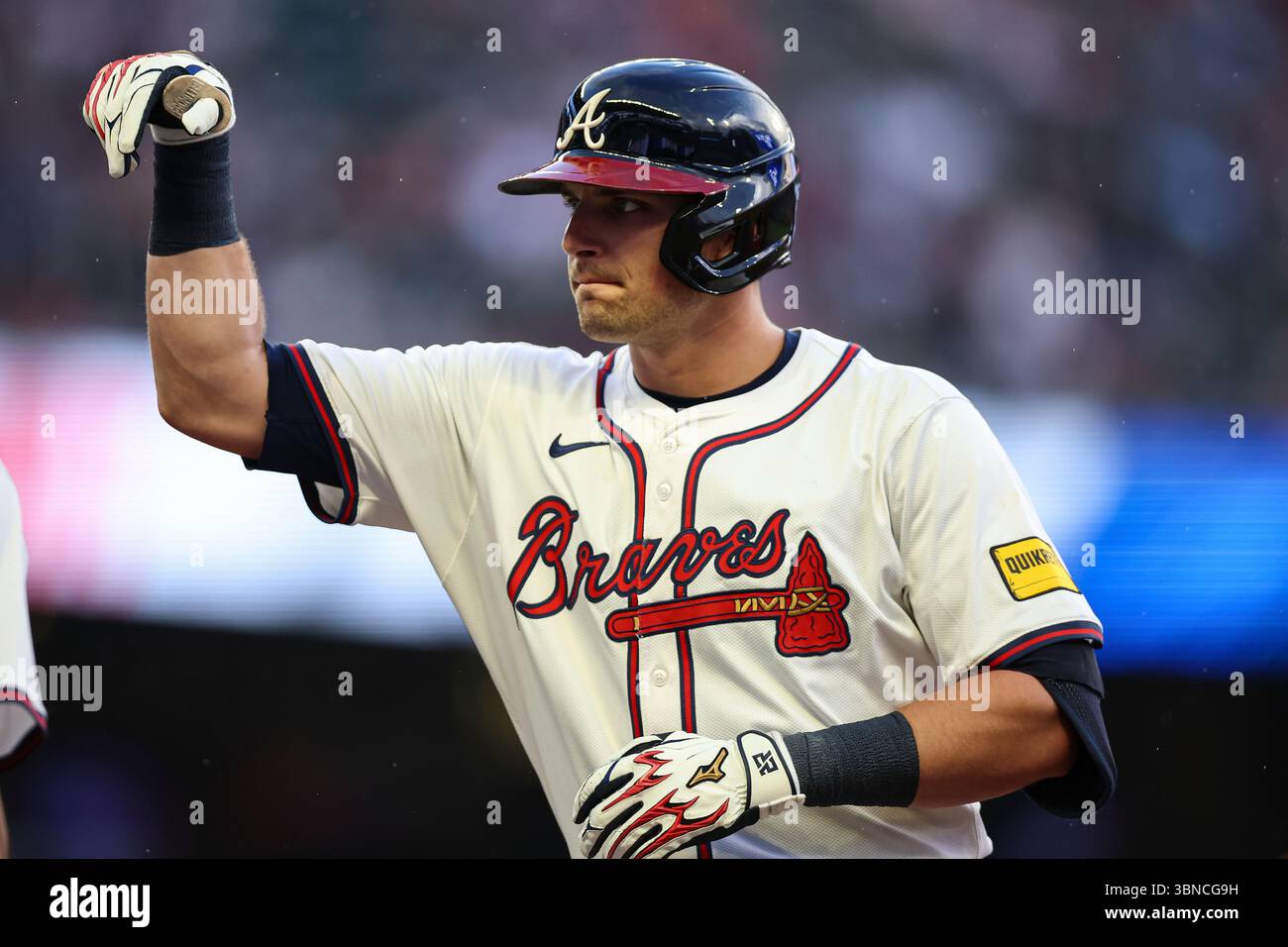 Atlanta Braves' Austin Riley reacts after hitting a single in the ...