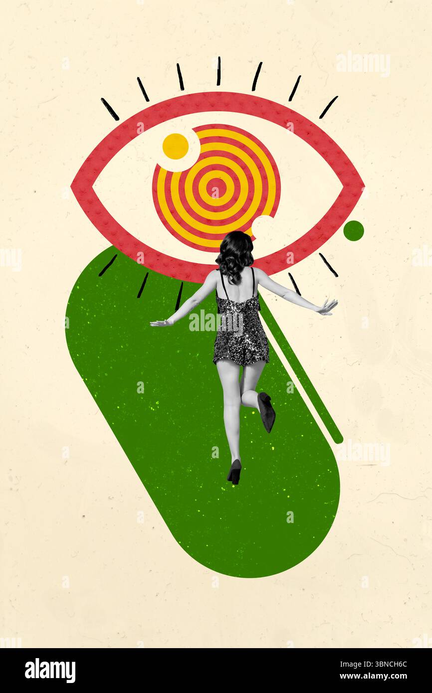 Collage of person standing under symbolic eye representing control ...