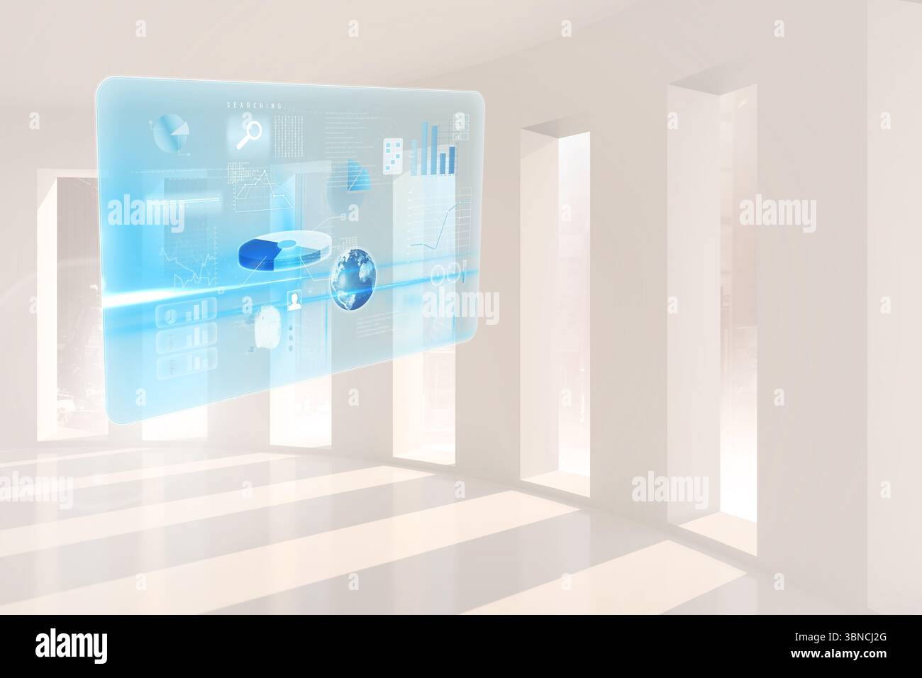 Casting sunlight, holographic interface floating in bright hall ...