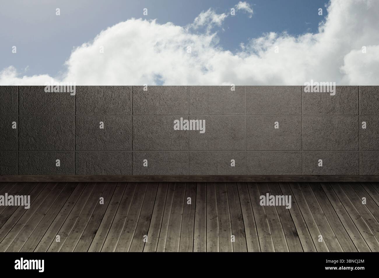 Flat design rooftop deck showing textured stone barrier wall with wood ...