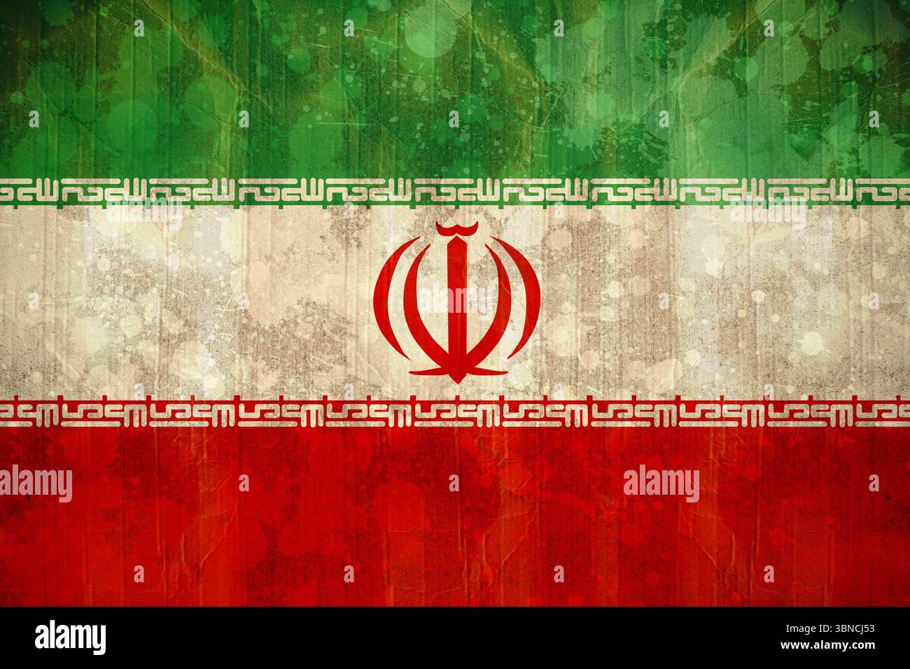 Showing distressed Iran flag stripes featuring red emblem and ...
