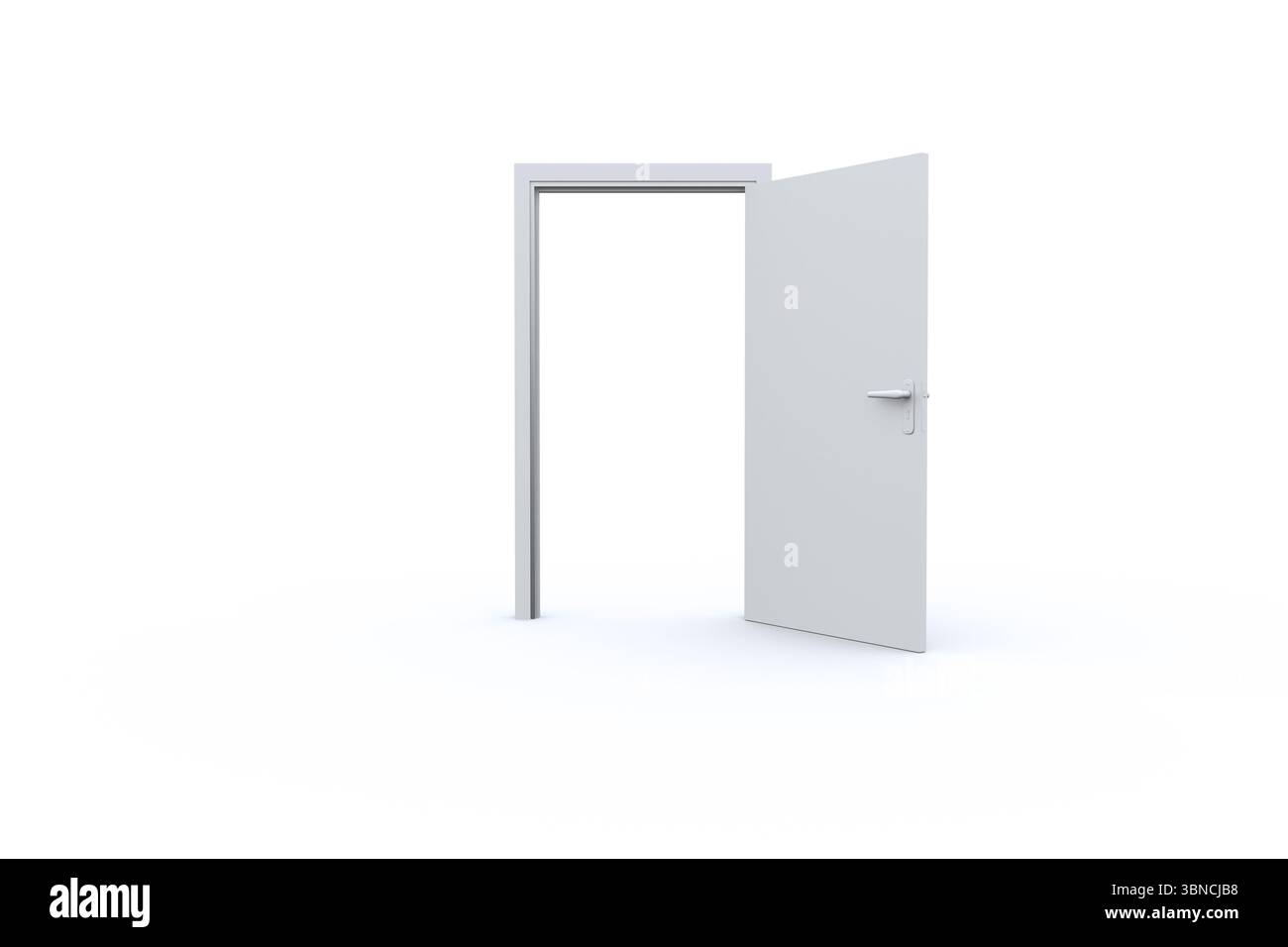 White hinged door and frame are opening in flat design white backdrop ...