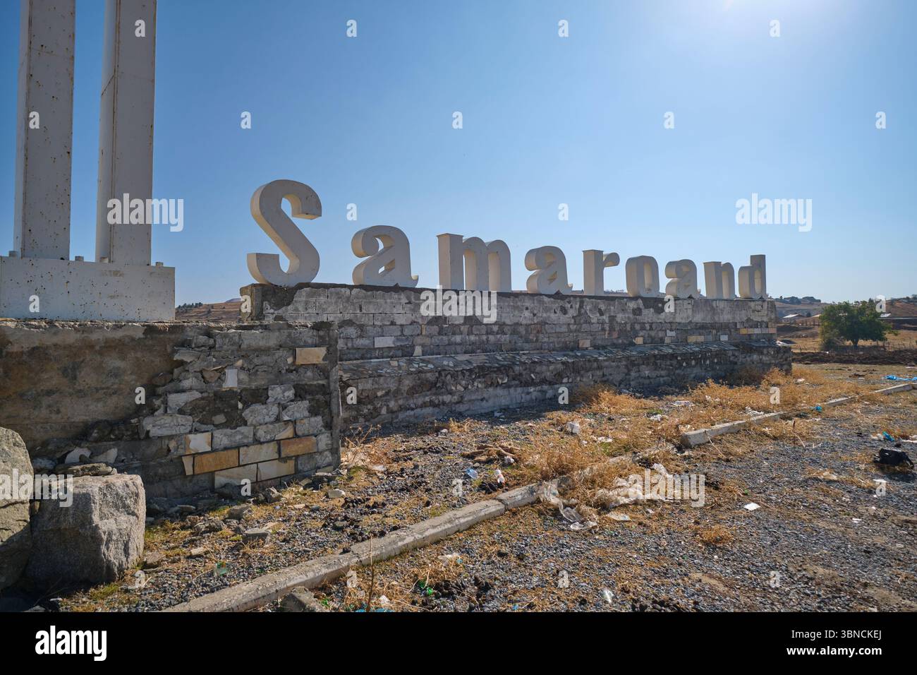 The big, cutout Samarkand City Sign. On the mountain pass between ...