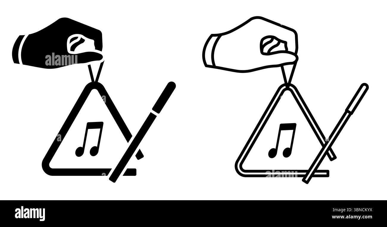 Line icon. Musician hand holds musical instrument triangle. Triangular ...