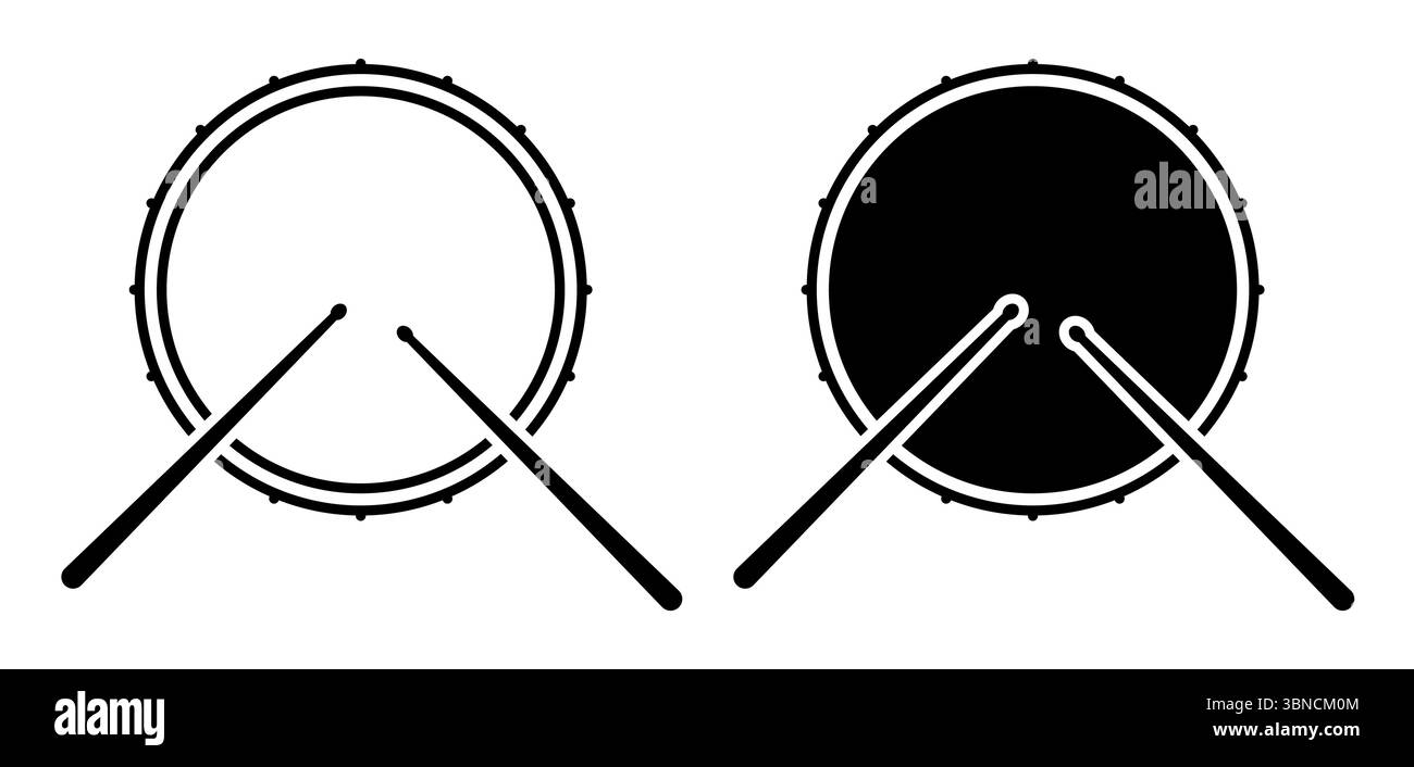 Linear icon. Drum with drumsticks musical instrument. Percussion musical instrument. Simple ...