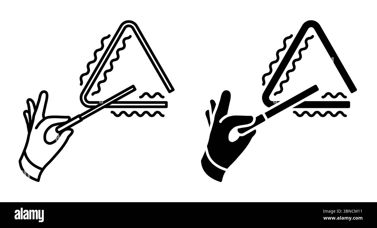 Line icon. Musician hand plays a melody on a musical triangle by ...
