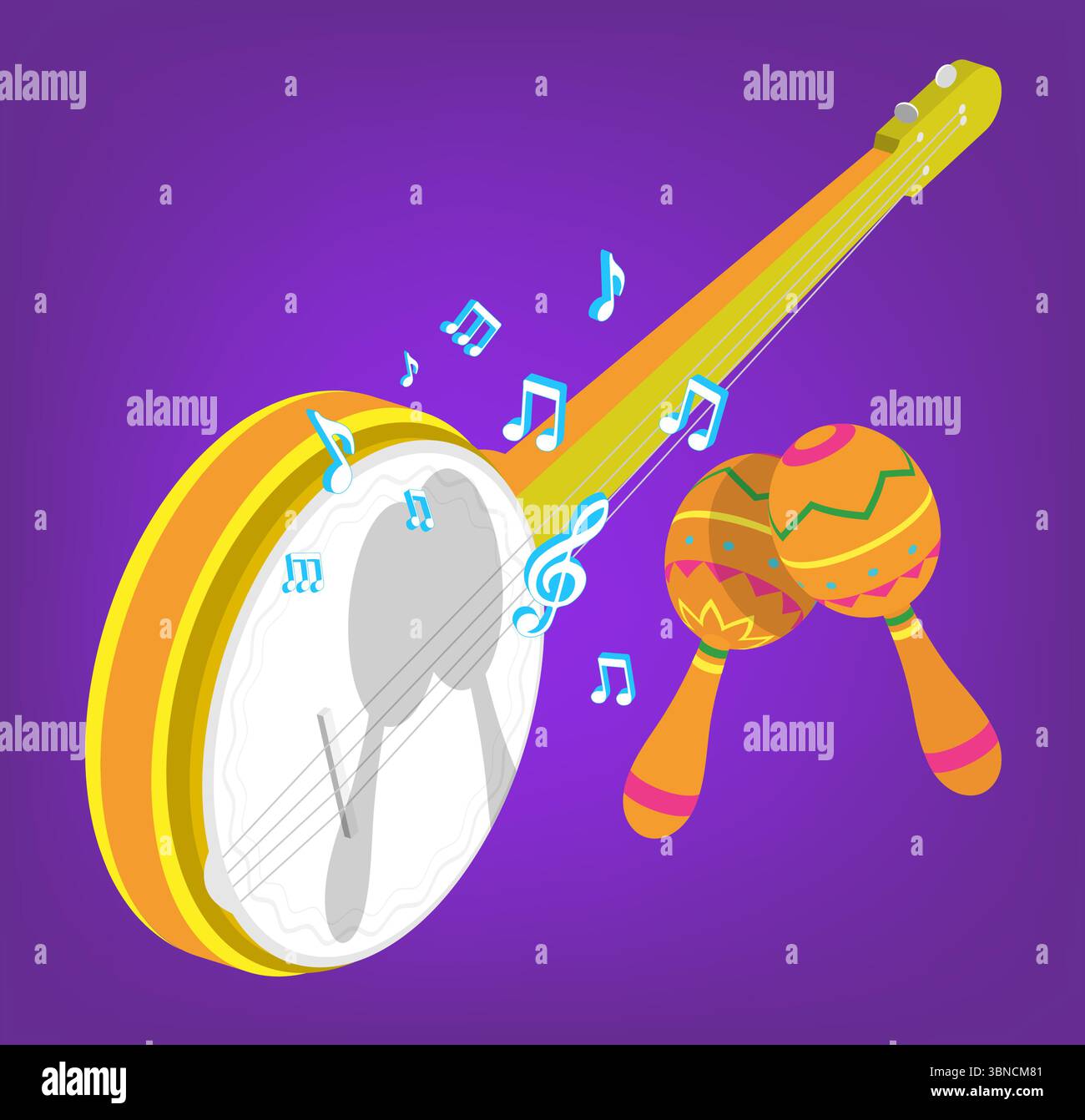 Melody playing on string bungee and maracas. Musical notes fly off ...