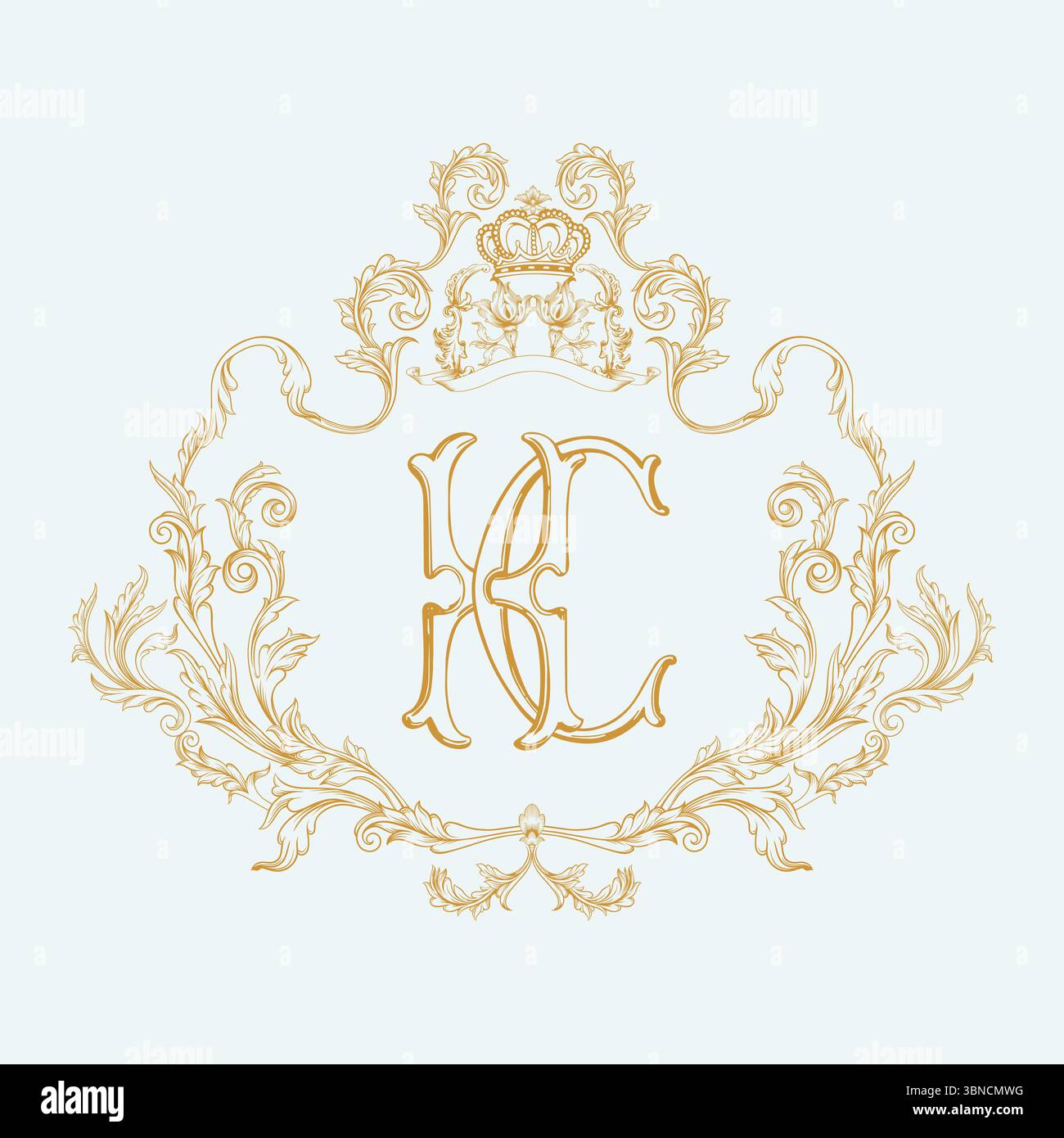 Vintage ornate gold hand drawn crest intertwined HC initial monogram ...