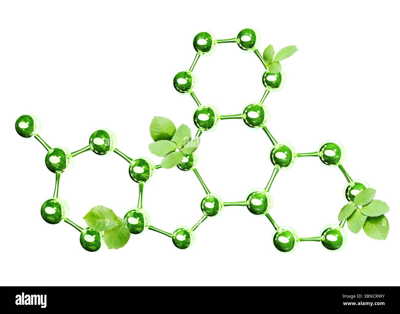 Organic molecular structure with green hues and leaves. 3d glass atom ...