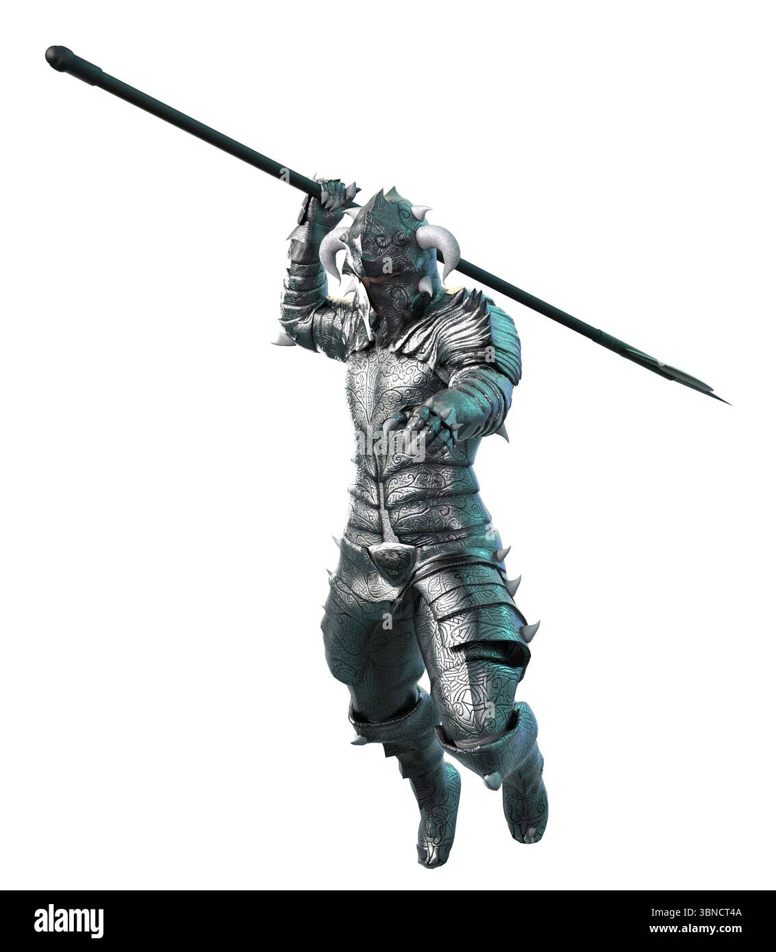 3D render of fantasy warrior in detailed silver armor with horns and ...