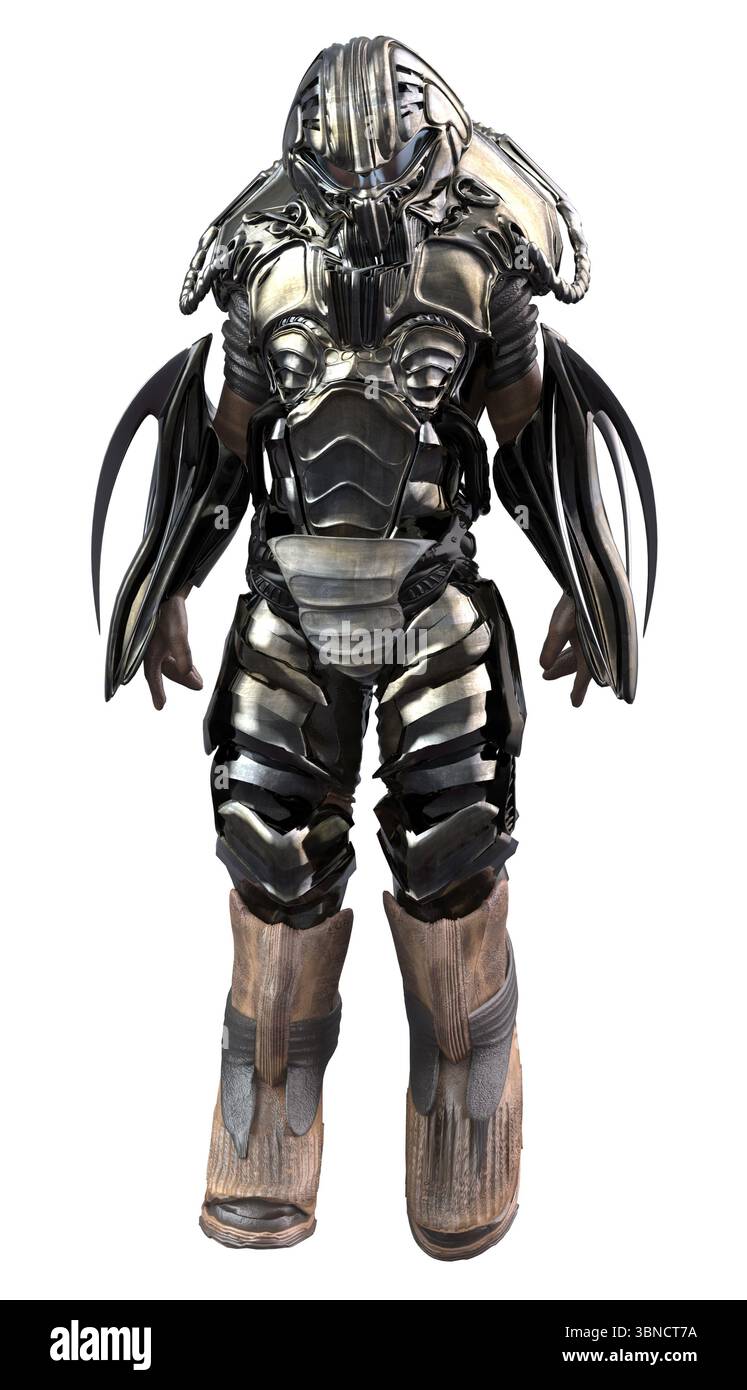 High detail 3D illustration of a futuristic armored warrior in a sci-fi ...