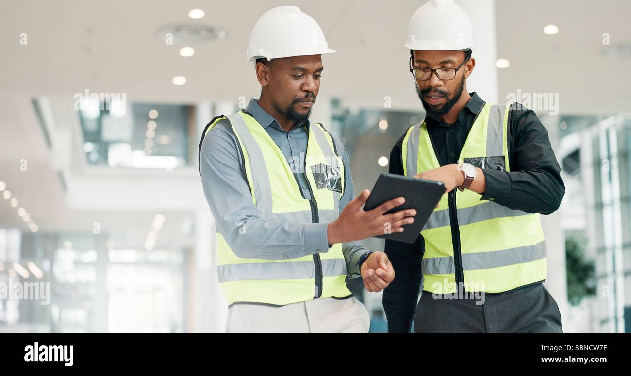 Engineer, tablet and team conversation for building inspection ...