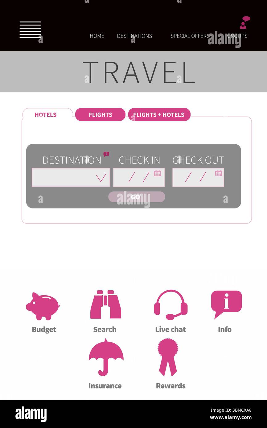 Travel booking UI is displaying flat design hotels form with ...