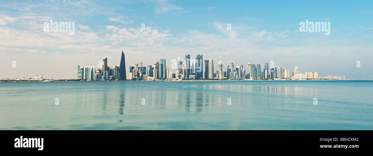 Doha skyline view with amazing sea. Panoramic view of the tall ...