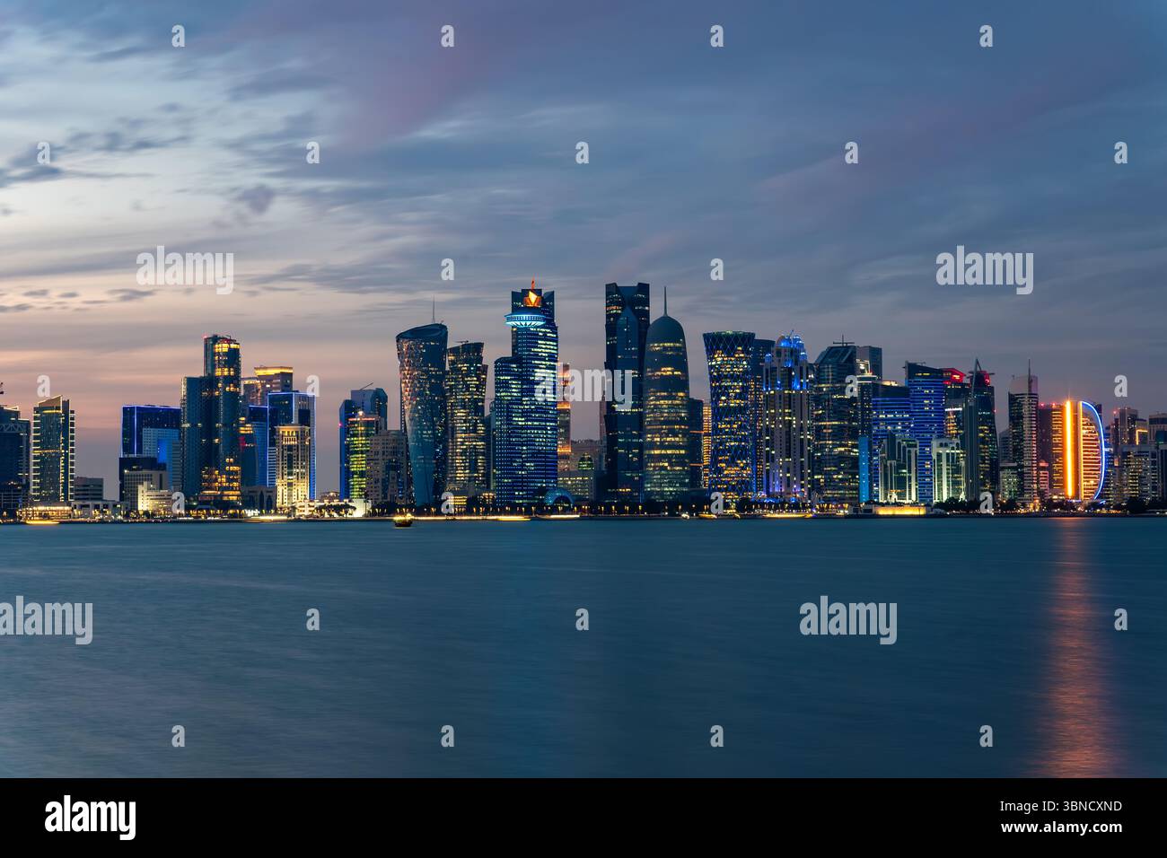 Doha skyline view with amazing sea. Panoramic view of the tall ...