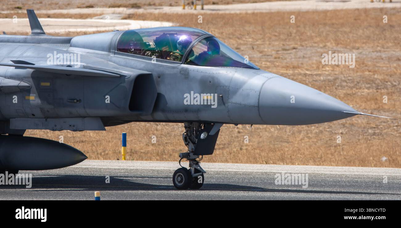 Saab 39 Gripen fighter jet taxiing for takeoff at Malaga Airport Stock ...