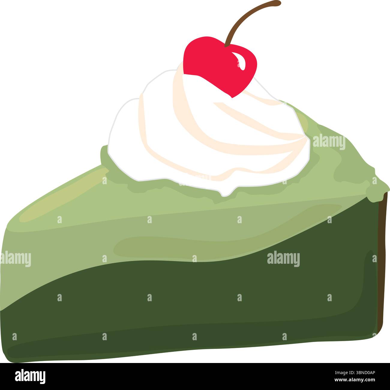 Vector illustration of matcha cake slice topped with whipped cream and ...