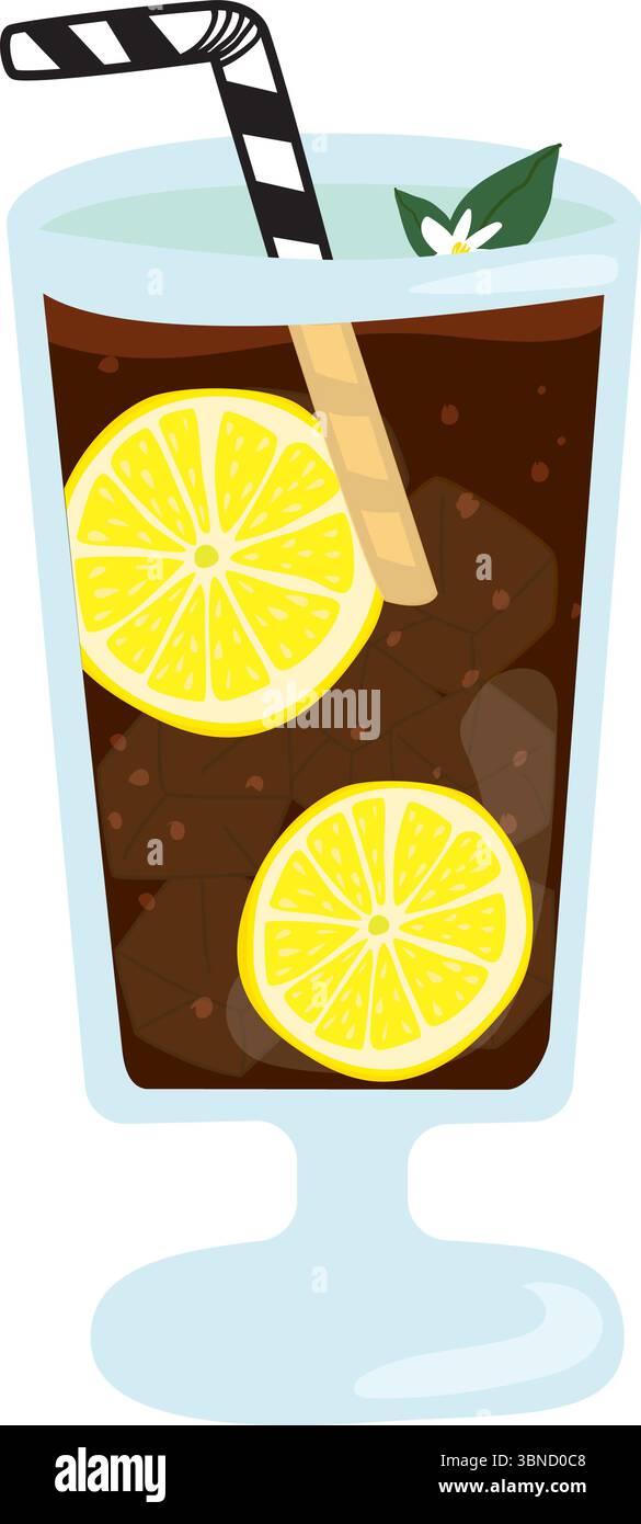 Vector illustration of iced cola with lemon slices, mint leaf, striped straw, and ice cubes in a ...