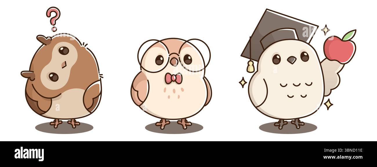 Cartoon school owls - confused brown bird with question mark, nerdy ...