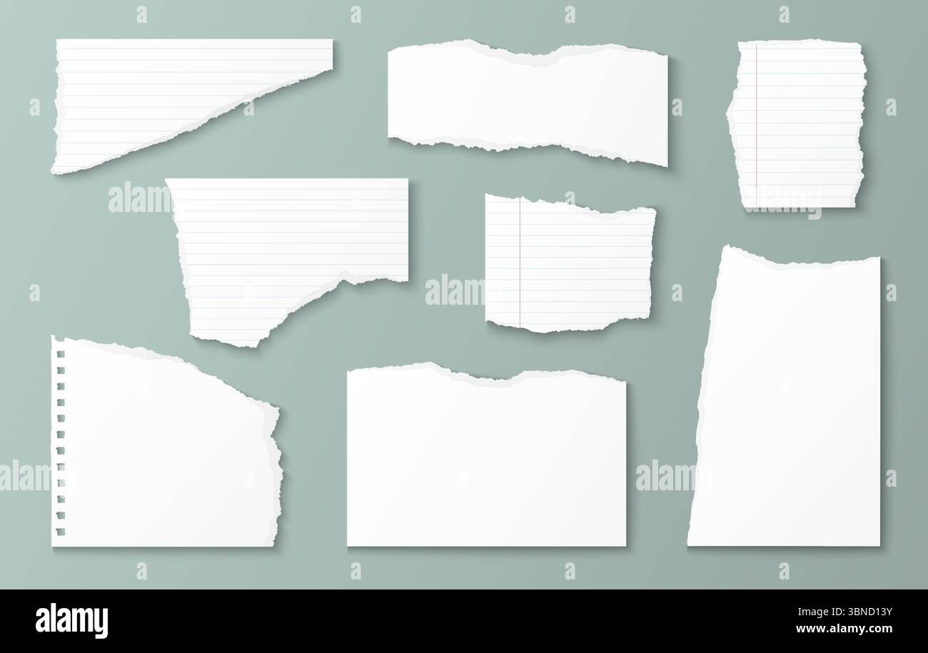 Realistic torn paper pieces - white notebook sheets with ripped edges, line grid and blank ...