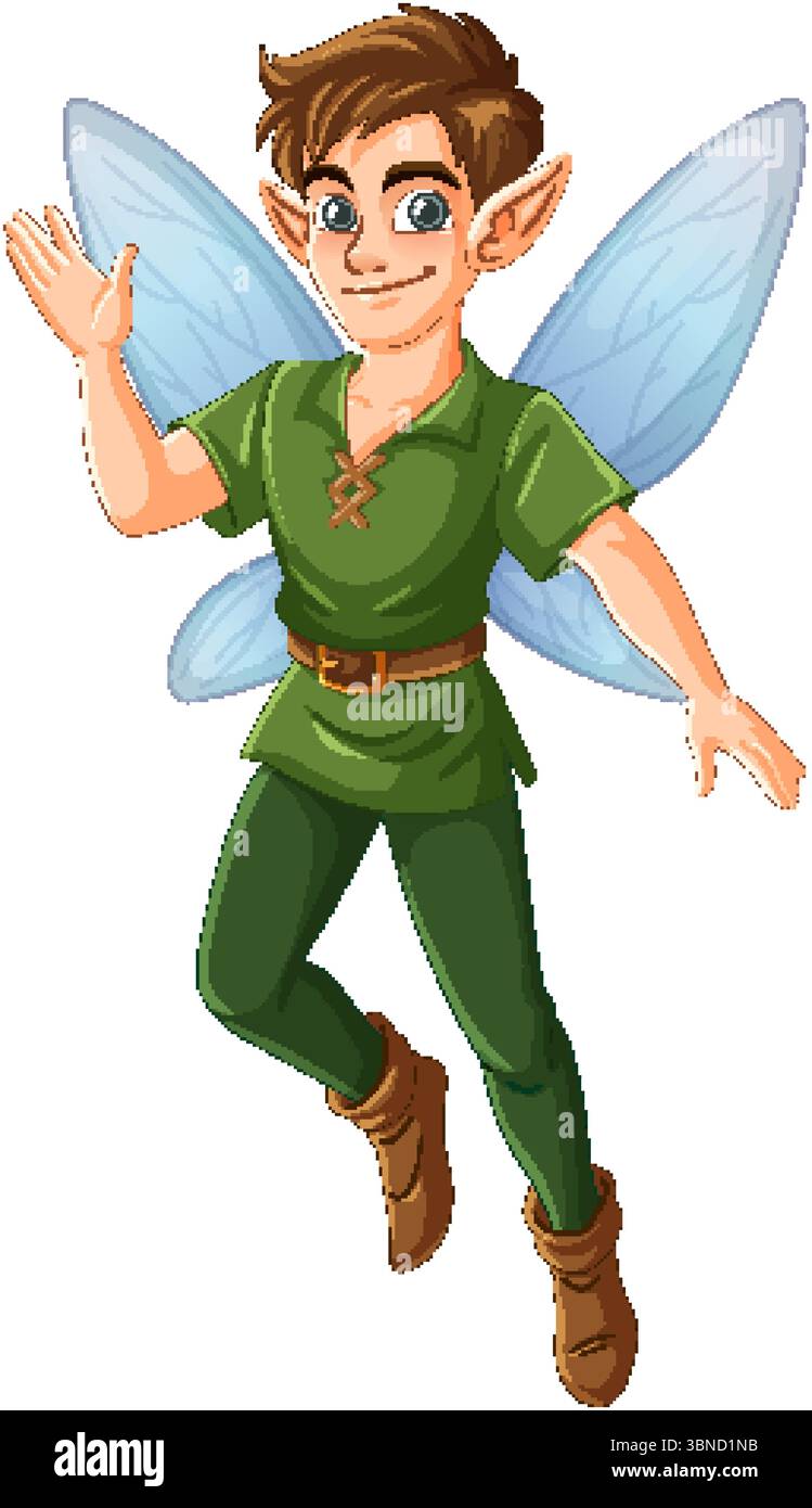 A whimsical male fairy with blue wings, wearing green attire. Vibrant ...