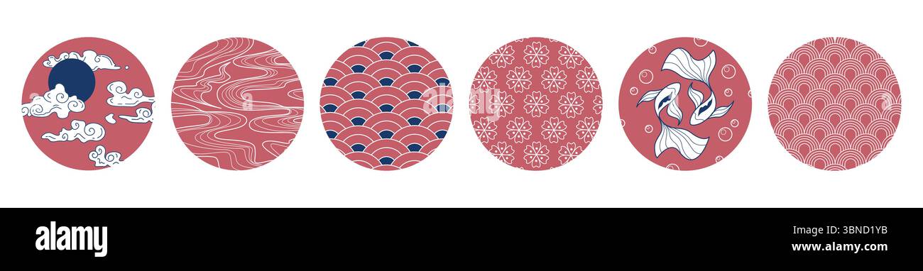Japanese red circle patterns collection - sakura flowers, sun with ...