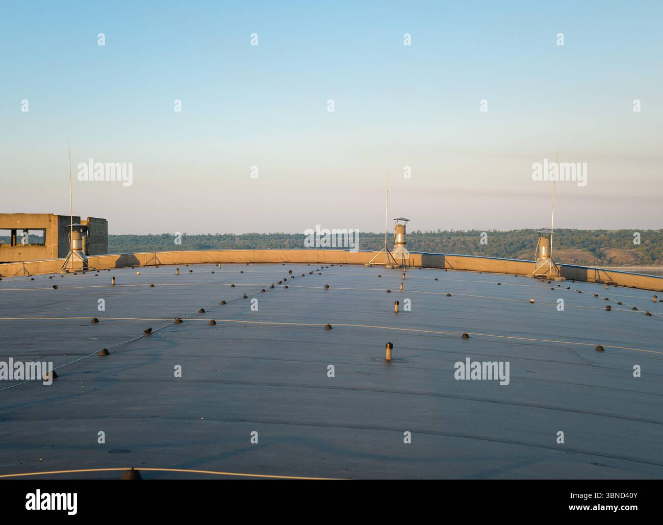The top of the building roof with lightning rod and grounding system ...