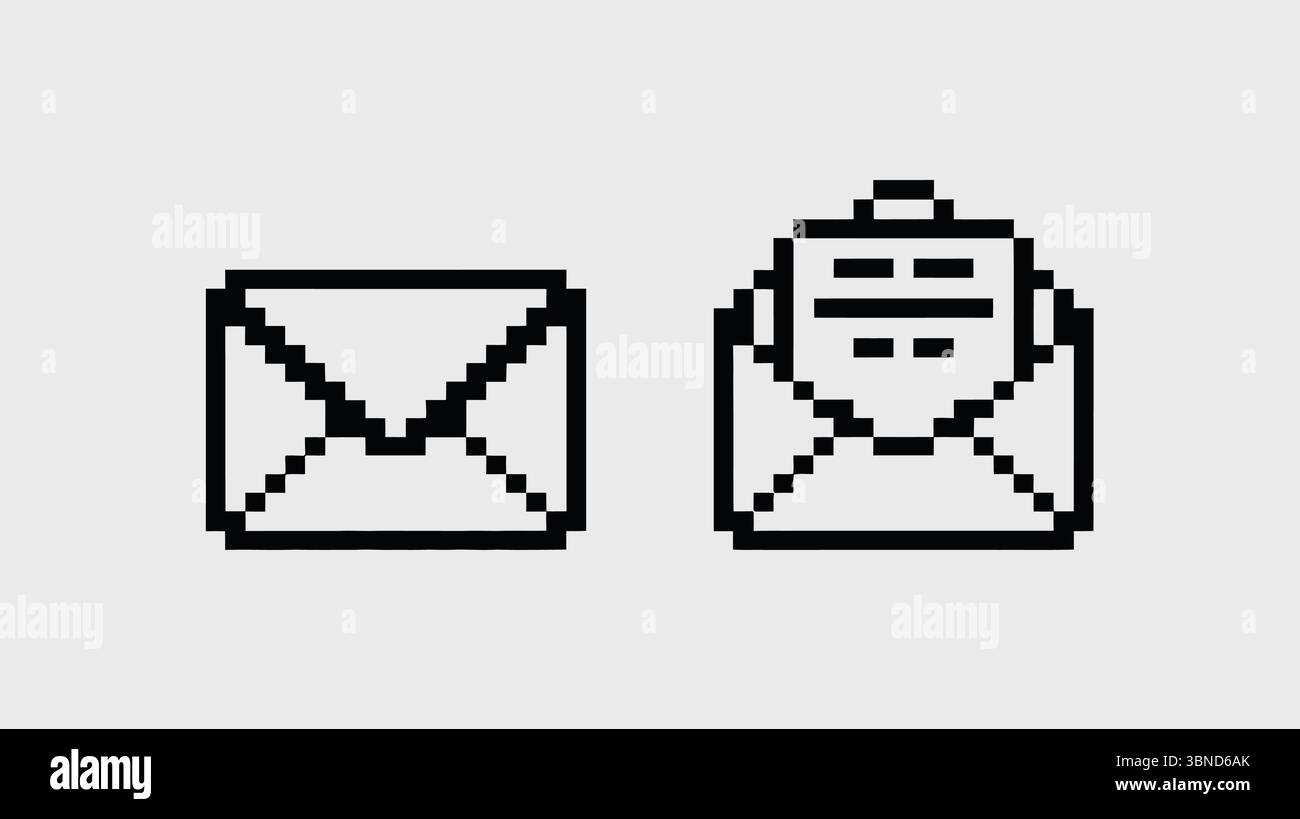 Black and white pixel art envelope and open mail icon with letter on a ...