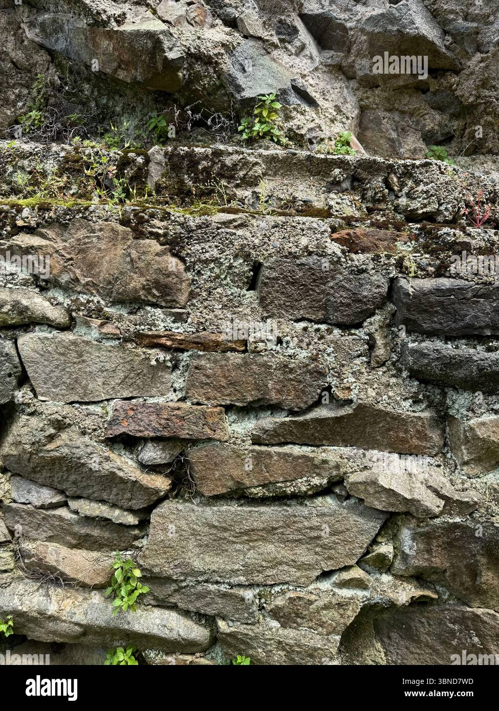 This is a detailed image of a weathered stone wall with irregular ...