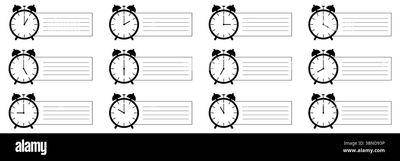 set of alarm clock icon notifying each hour with short note isolated on ...