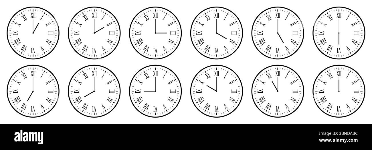 horizontal set of analog clock icon with roman numeral notifying each ...