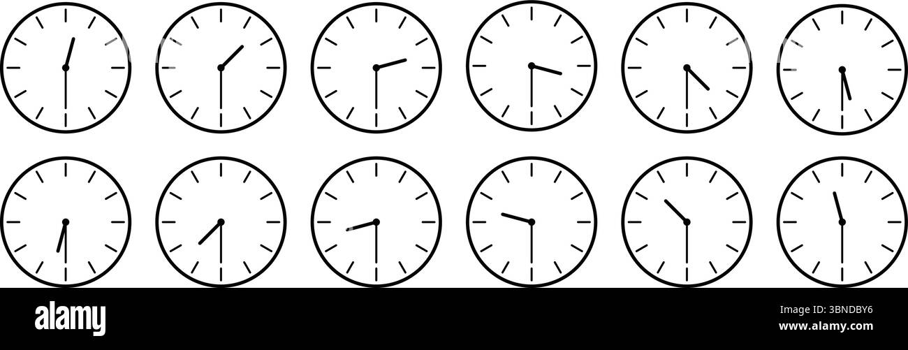 horizontal set of analog clock icon notifying each half an hour time ...