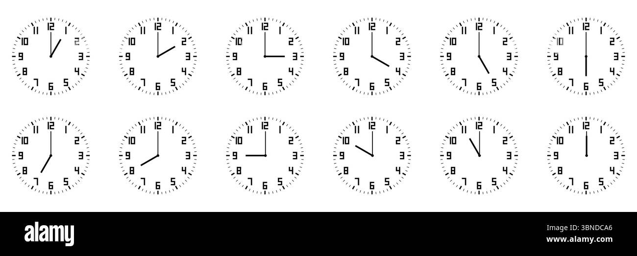 horizontal set of analog clock icon with number notifying each hour isolated on white Stock ...