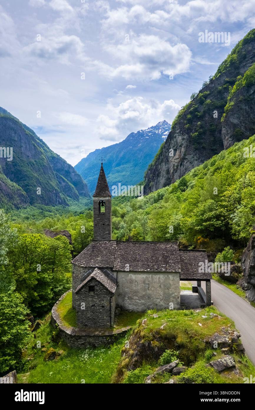 Aerial view of the Oratorio della Natività church. Cevio, Val Bavona, Valle Maggia, Canton ...