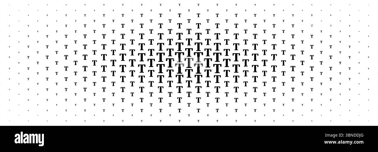 horizontal halftone of black capital letter t spreading from center for ...