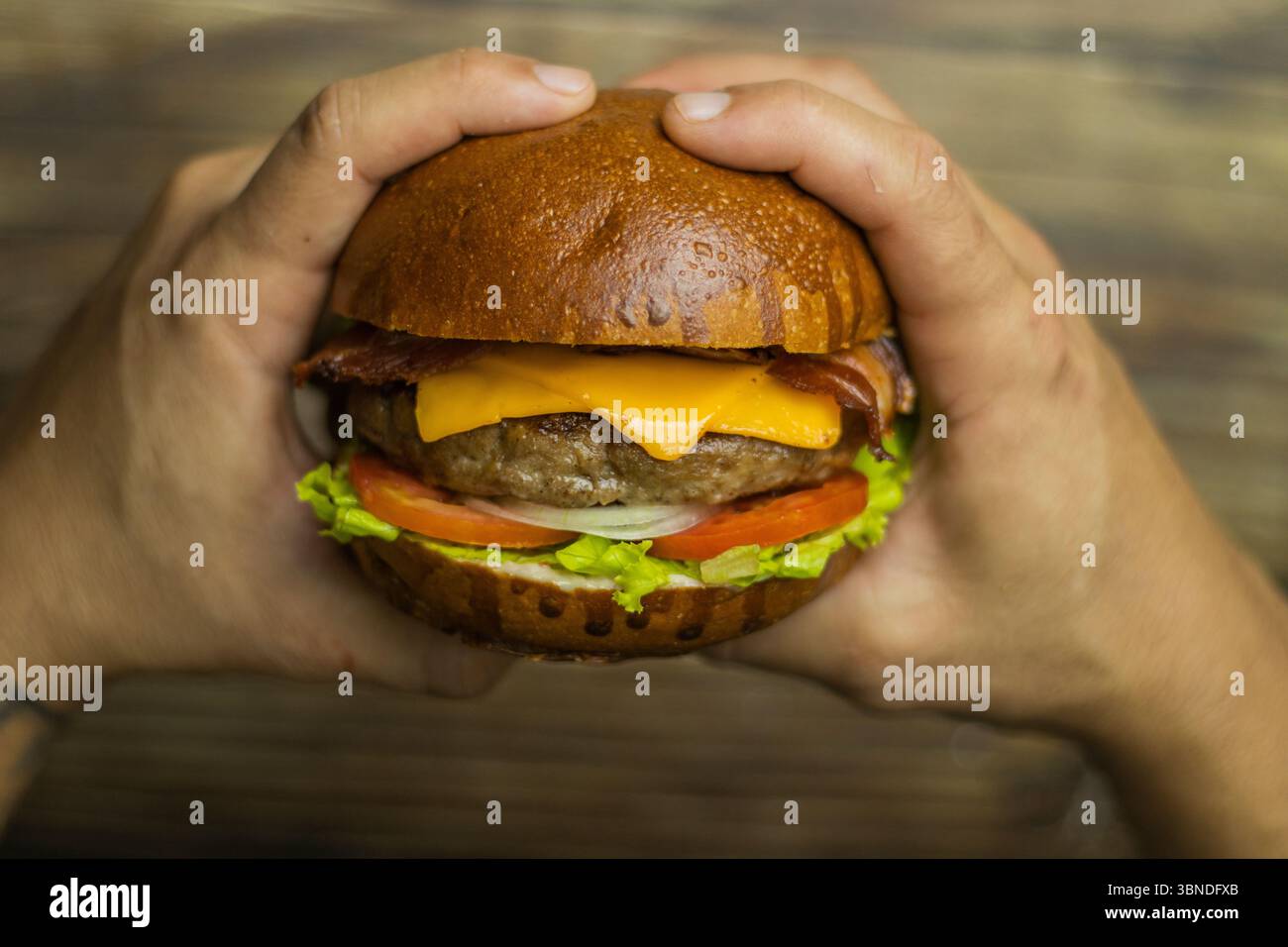 Artisan burger with lettuce, tomato and melted cheese held by human ...