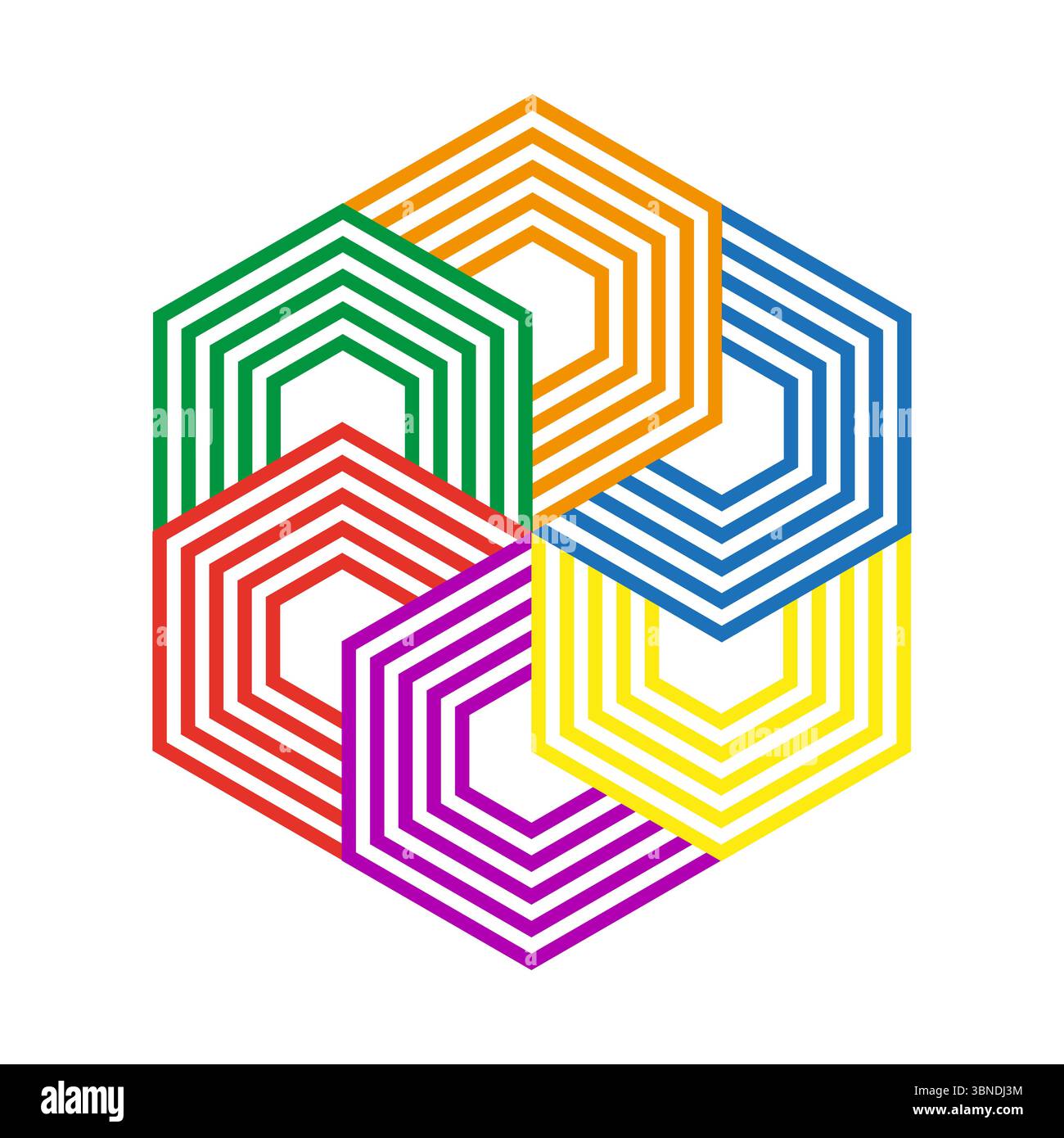 Interlocking hexagon icon. Isometric lattice symbol. Vivid rainbow ...
