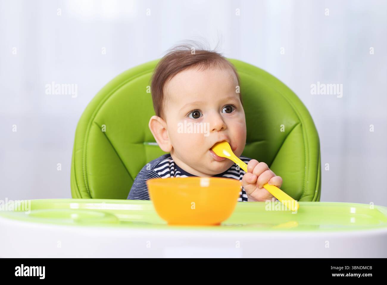 Cute little baby eating on feeding chair at home Stock Photo - Alamy