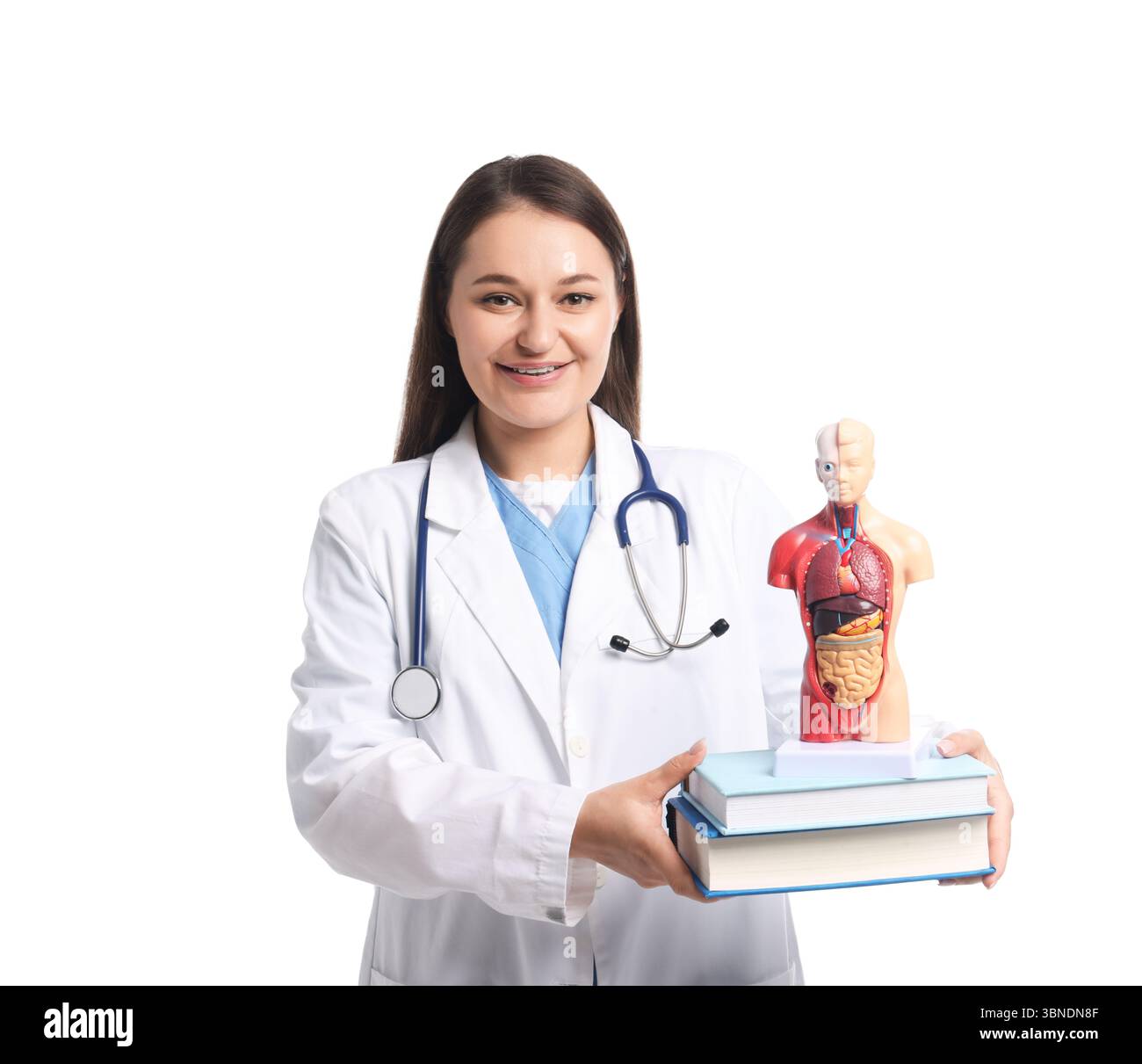 Medical student with books and human body model on white background ...