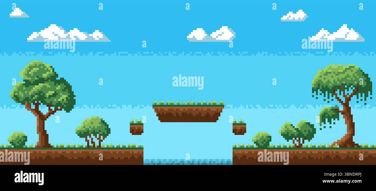 Pixel game interface. 8 bit retro graphic, nature location landscape ...