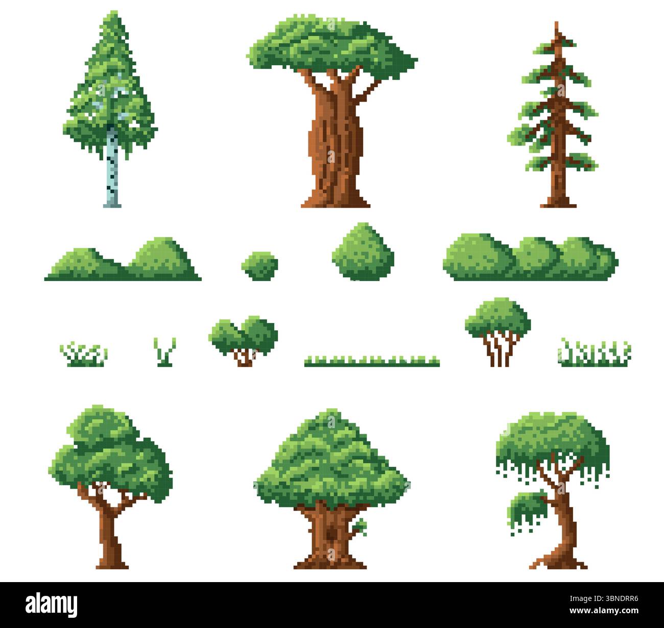 Pixel art bush and trees. Backyard or forest game location landscape ...