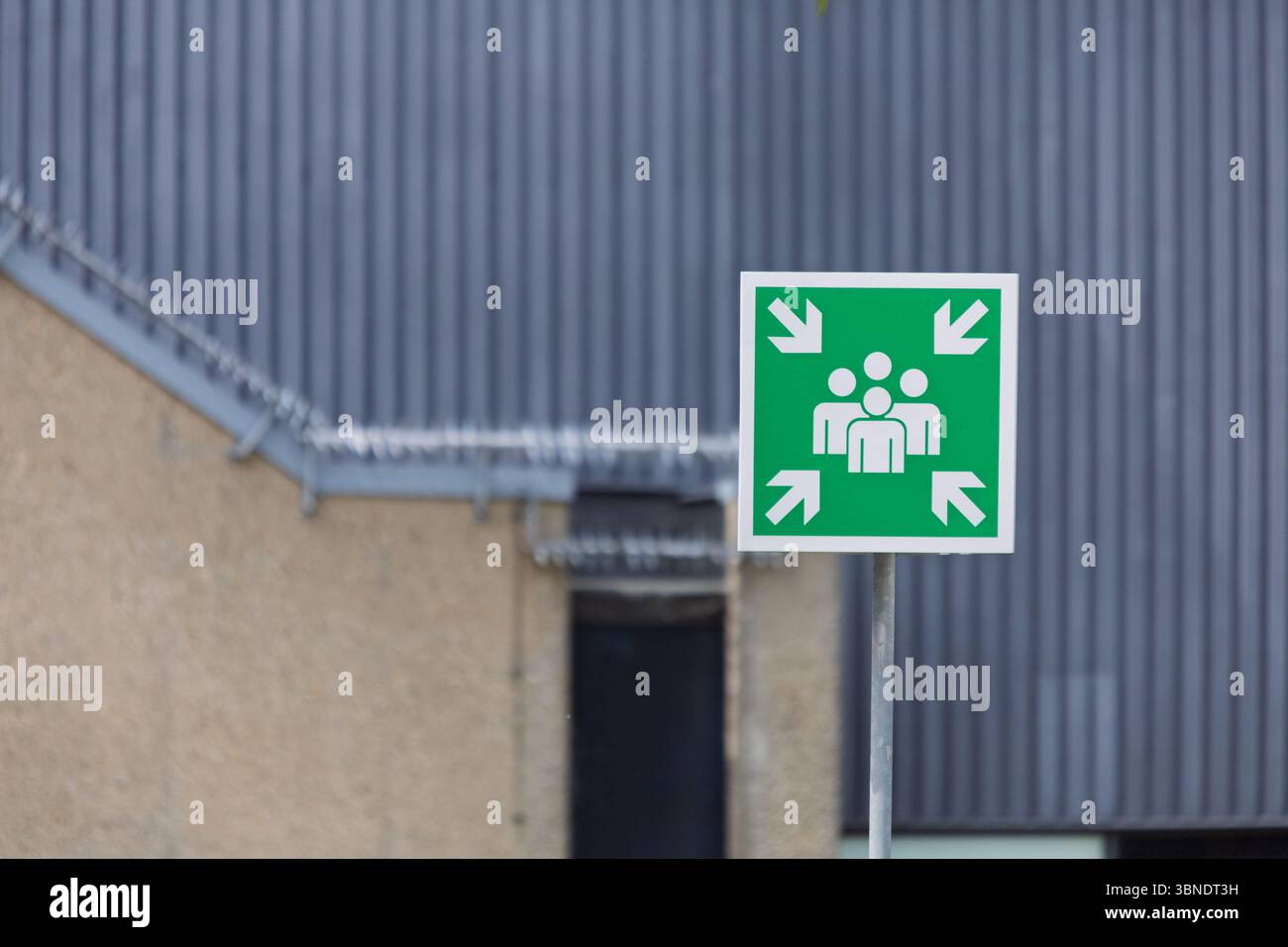 A vivid green emergency assembly point sign, clearly indicating a ...