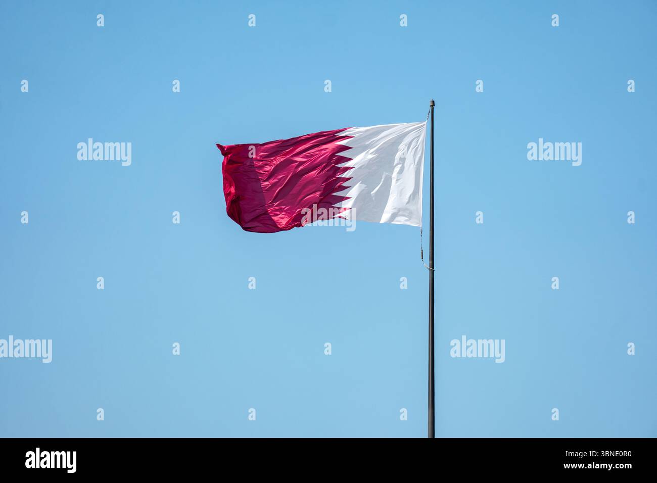 Qatar national flag waving against a clear blue sky. The maroon and ...