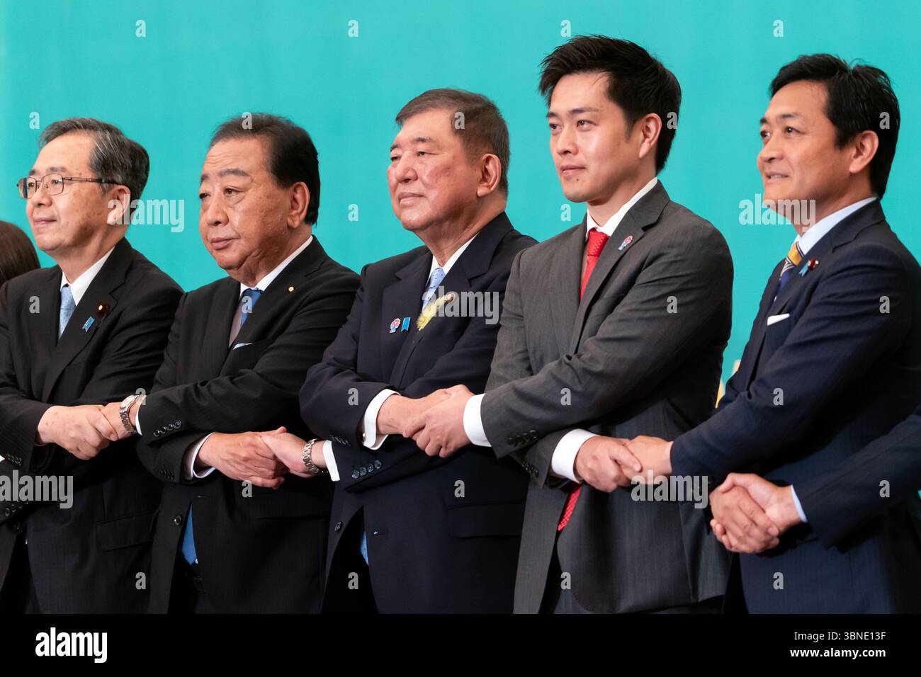 July 2, 2025, Tokyo, Japan: Leaders of eight political parties, (L""“R ...