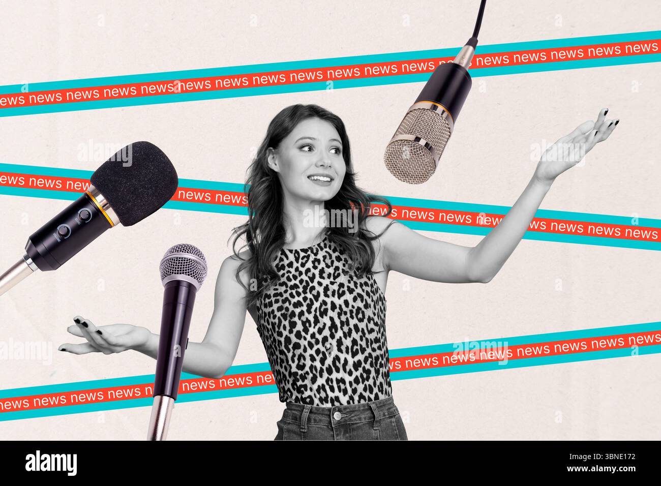 Zine banner full photo collage of happy correspondent girl speak ...