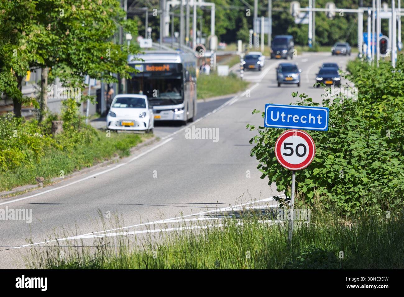 A Dutch city entrance sign for Utrecht with a 50 km/h speed limit, set ...