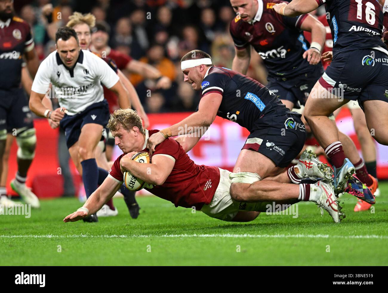 Jac Morgan of the Lions scores a try during the Rugby Union British and ...