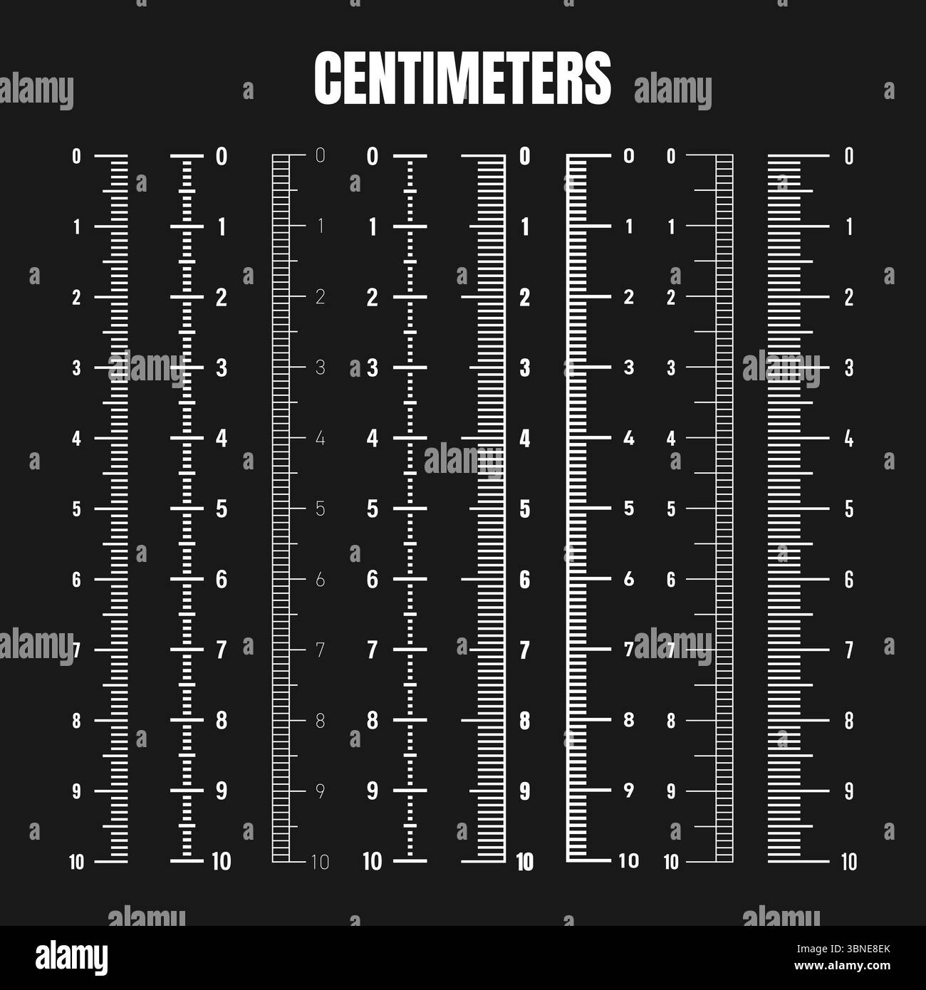 Vertical centimeter scale for measuring length or height. Various ...