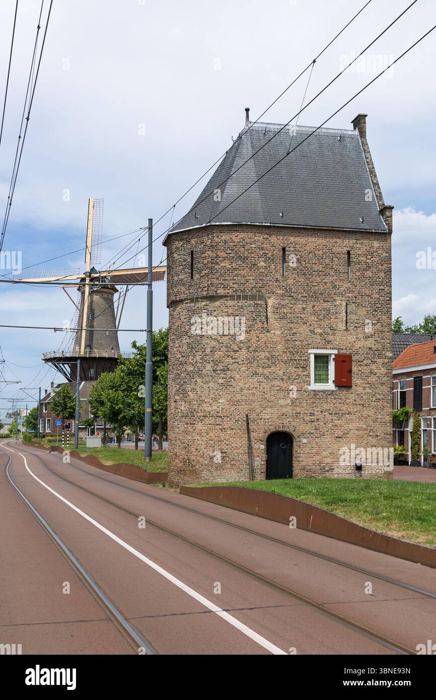 Historic Bagijnetoren tower and traditional Dutch windmill stand as ...