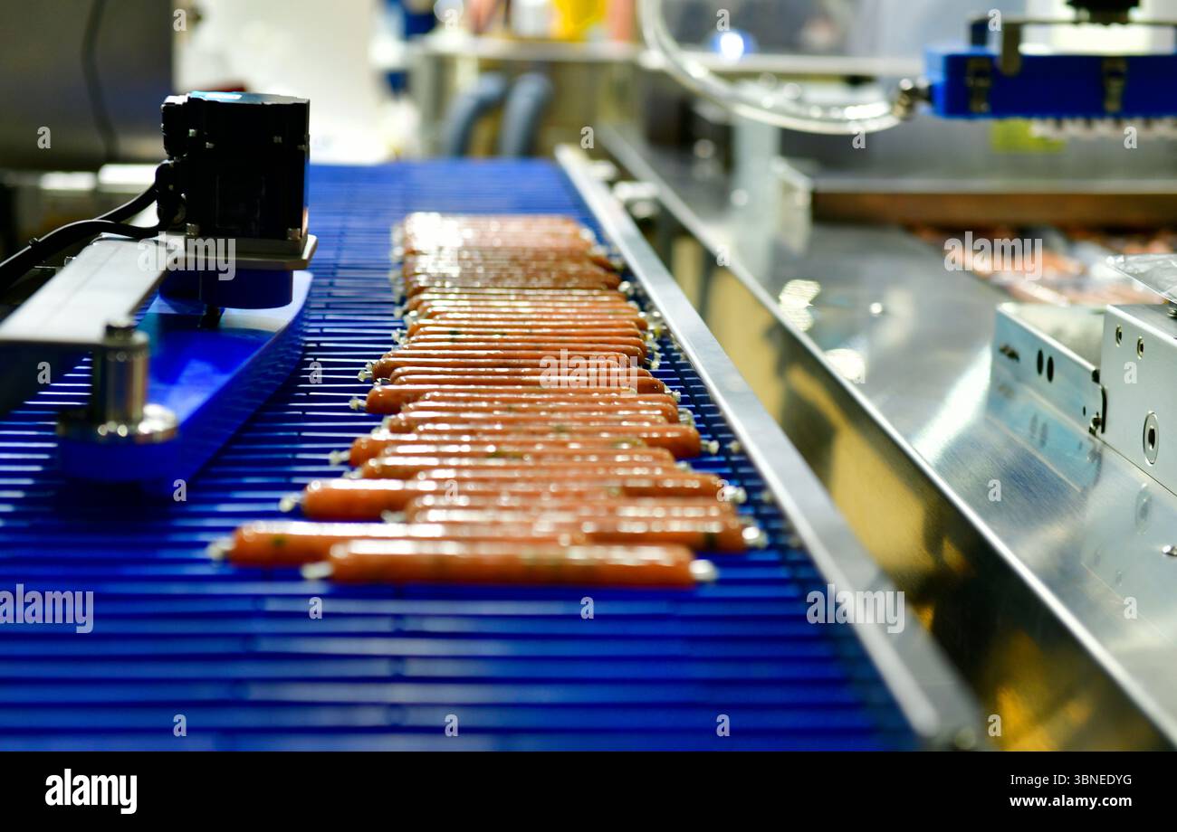 High-performance machines are wrapping processed fresh food products sausages. food production ...